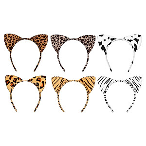 Lurrose 6pcs Plush Cheetah Leopard Grain Cat Ear Hairbands - Cosplay Hair Hoops and Headbands for Halloween, Festivals, Holidays