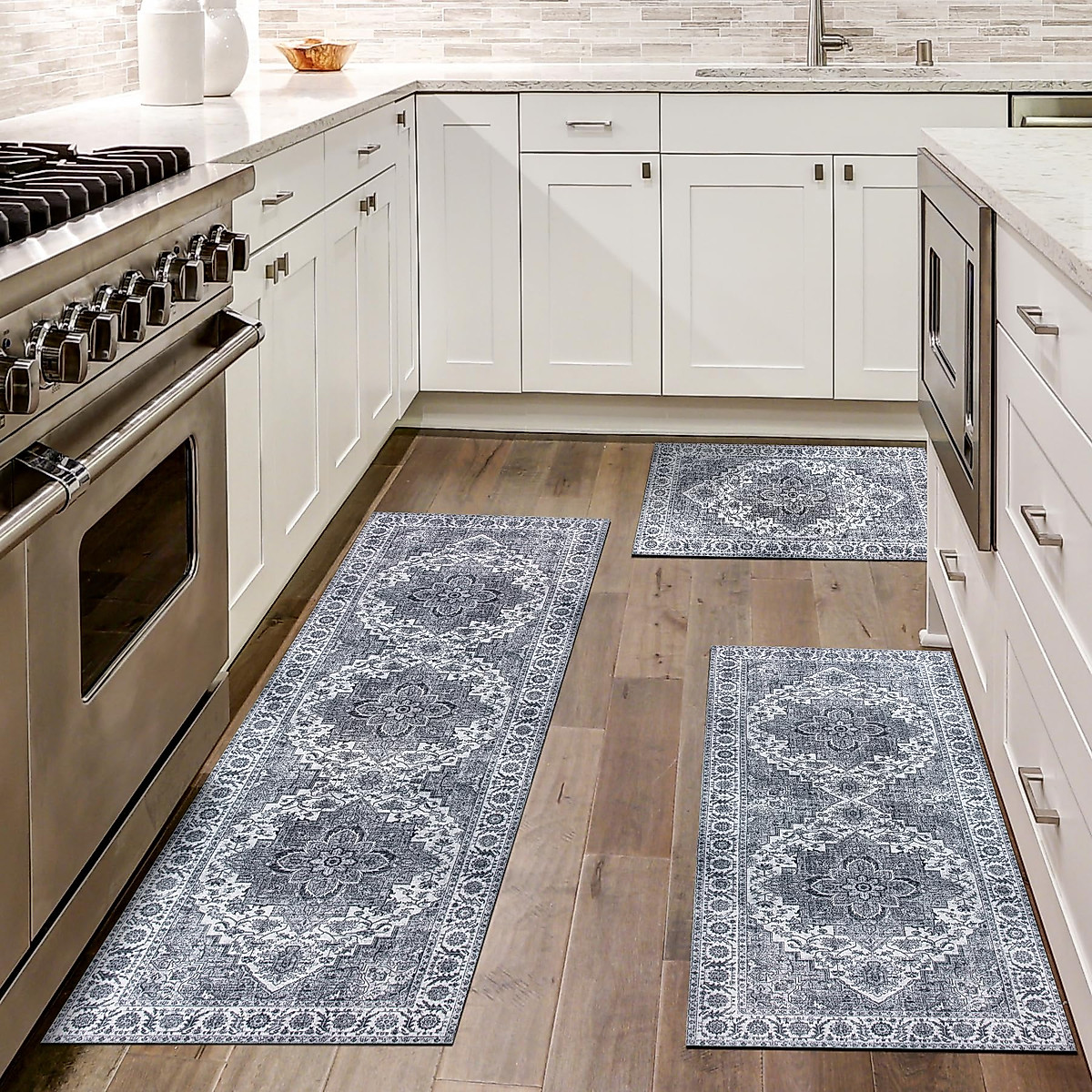 WOBUBU Kitchen Rugs Sets of 3 Washable Kitchen Mats for Floor 3 Piece Kitchen Rug Set Non Slip Kitchen Runner Carpets for Laundry Room Entryway Grey