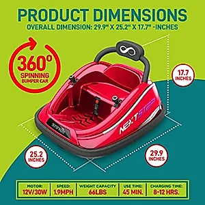 Electric Bumper Car for Kids - 12V Rechargeable Battery Powered Ride On Vehicle for Toddlers w/ 2 Driving Modes, Safety Belt, Remote Control, LED Lights, 360 Degree Spin, Dual Joystick (Red)