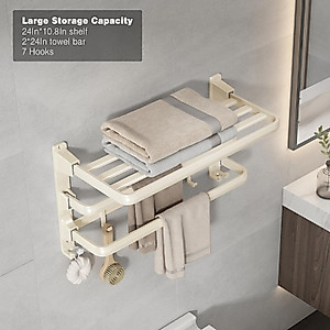 VOLDRA Towel Racks for Bathroom, 24-Inch Towel Shelf with 2 Towel Bar Foldable Towel Holder with 7 Hooks Towel Storage Organizer for Bathroom & Lavatory Wall Mounted(Milky White)