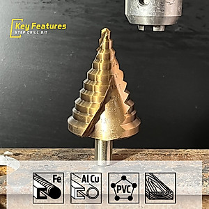 CORTOOL 2-Inch HSS Spiral Groove Step Drill Bit, 10 Sizes Cobalt Added High Speed Steel 1/4" to 2" Drill Bit for Sheet Aluminium Metal Wood, Big Multiple Hole Stepped Up Bit for DIY Lovers