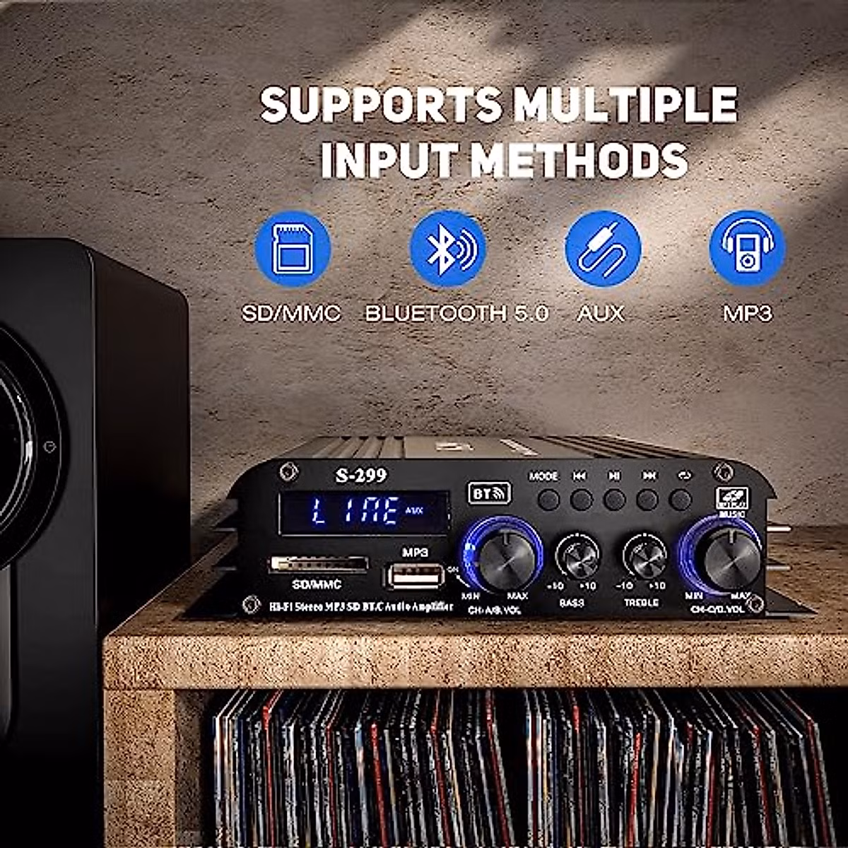 Facmogu S-299 4.1CH Bluetooth Power Amplifier with Active Subwoofer Output Max 800W RMS 40Wx4 Subwoofer Amplifier Hi-Fi Integrated Mini Speaker Amp Audio Sub Bass Amp Remote Control & 12V Power Supply