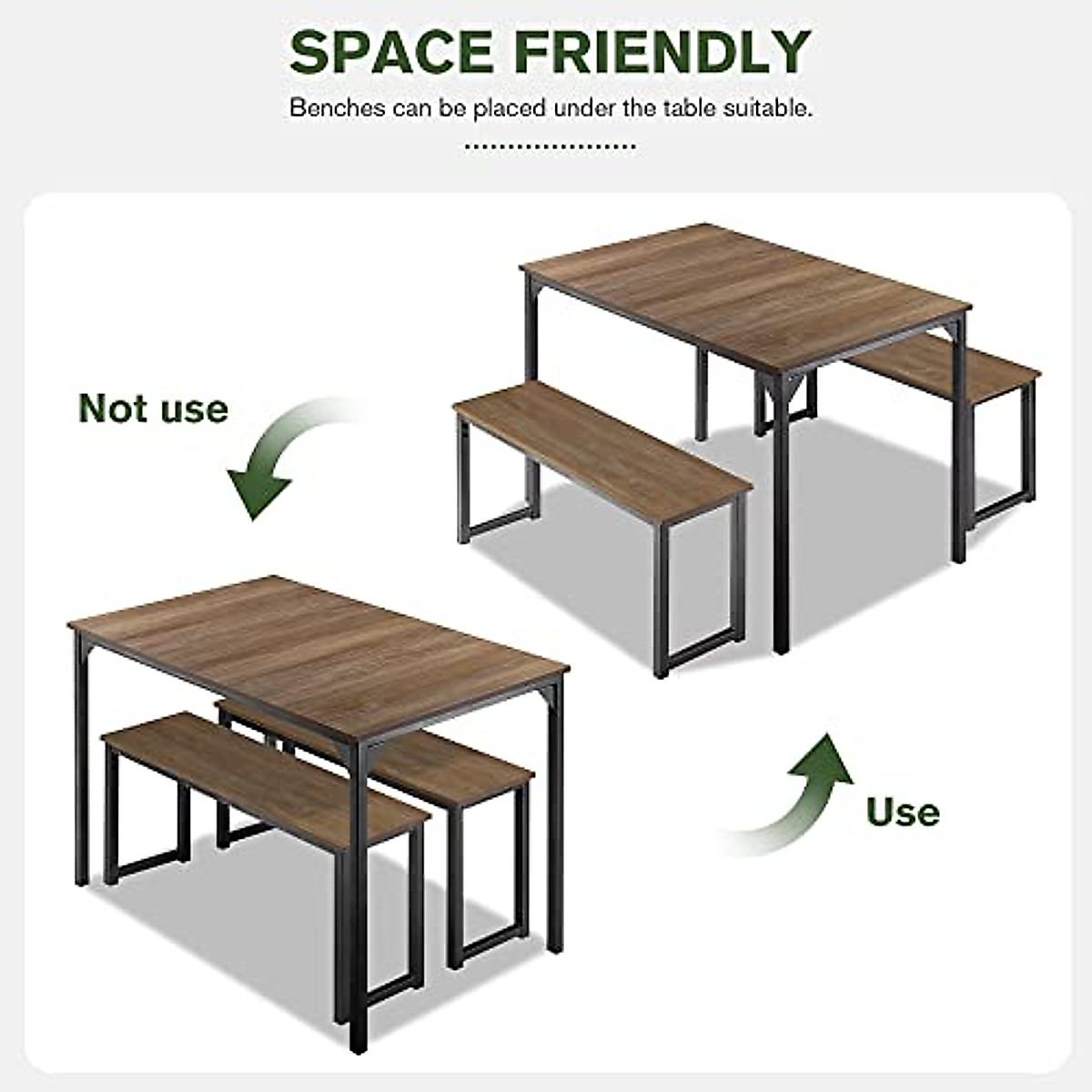IMUsee 45" Dining Table Set for 4, 3-Pieces Kitchen & Dining Room Sets with Benches, Metal Frame and Wood Board, Sturdy Structure, Easy Assembly, Small Space Dinette, Brown & Grey