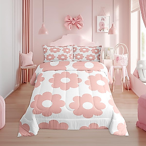 Manfei Girly Pink Bedding Set for Boys Girls, 70s Groovy Daisy Flowers All Season Cozy Comforter Set Full Size, Cute Cartoon Floral Duvet Set Bedroom Décor,Gift for Kids