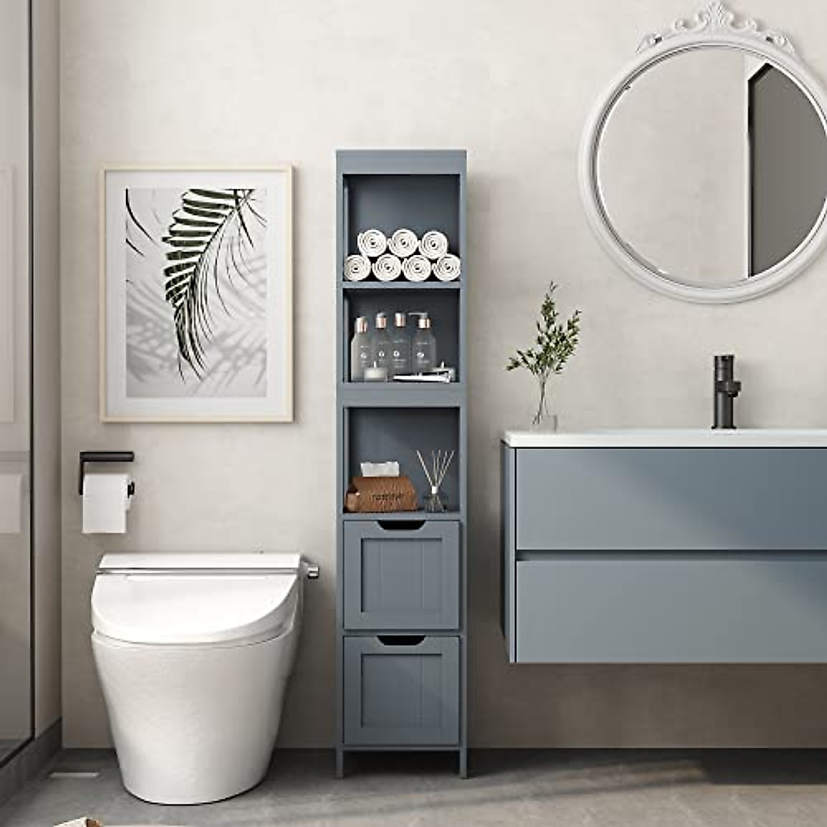 HOMEFORT Bathroom Storage Cabinet, Slim Tall Cabinet, Narrow Floor Cabinet Organizer, Wooden Linen Tower with 2 Drawers and 3 Shelves, Freestanding Storage Cupboard (Grey)