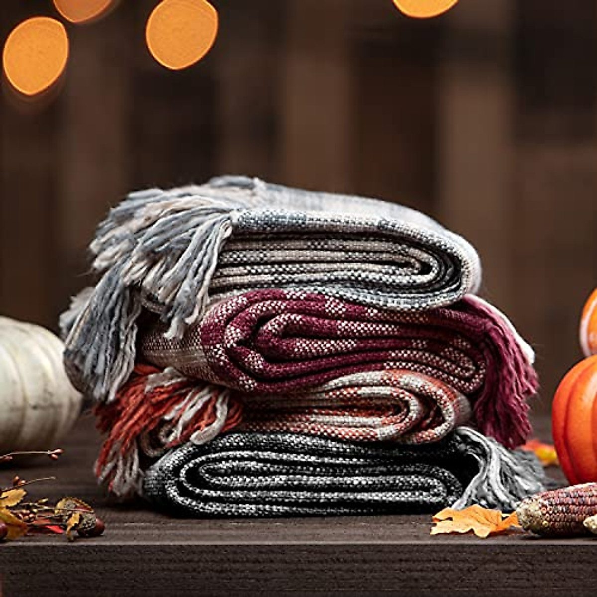 Chanasya Farmhouse Pattern Plaid Throw Blanket Lightweight Knit Textured Woven Decorative Blanket for Couch Bed Living Room Blanket with Tassels Fringed Throw Blanket (50x65 Inches) Maroon Purple