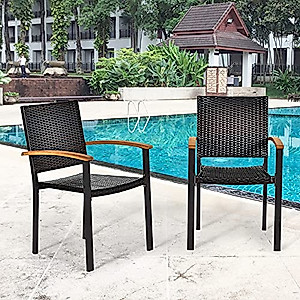 Tangkula 4 Pieces Stackable Patio Rattan Chair, Outdoor PE Wicker Dining Armchair W/Galvanized Steel Frame, Acacia-Topped Armrests, Indoor & Outdoor Wicker Chair for Patio Table, Yard (2, Mix Brown)