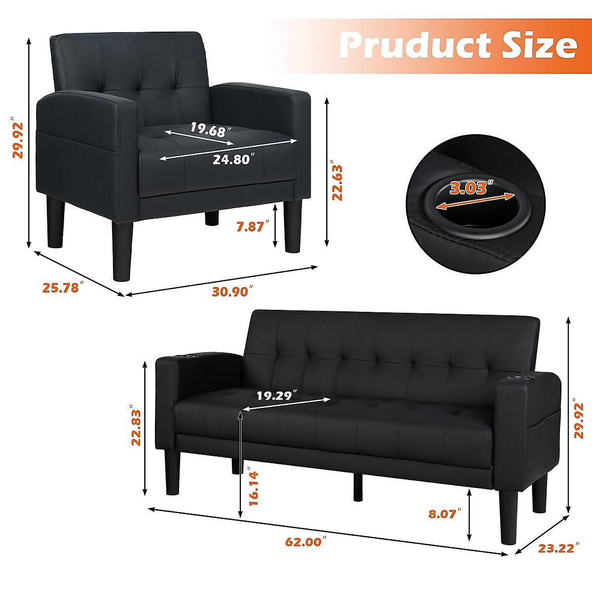 AILEEKISS 2 Piece Living Room Sofa Set Loveseat Sofas Sets with 2 USB, Cup Holders, Side Pocket, Modern Leather 2 Pcs Sectional Couches Set for Apartment, Office, Bedroom (Black, 2-Seat+1-Seat)