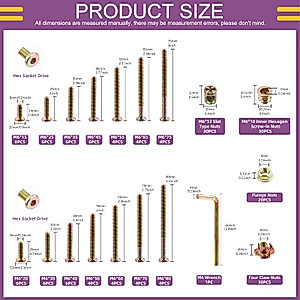 Swpeet 181Pcs M6 x 15mm - 80mm Color Zinc Flat Head Hex Socket Cap Baby Crib Bed Bolts Nuts Screws and Threaded Insert Nuts with Flange Nuts and 4 Pronged Tee T Nuts Assortment Kit with Allen Wrench
