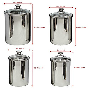 nu steel Canister Set Collection 4 Piece S/Steel Food Storage Container with Tempered Glass Lids for Kitchen Counter, Coffee, Tea, Etc, Small, Shiny Mirror