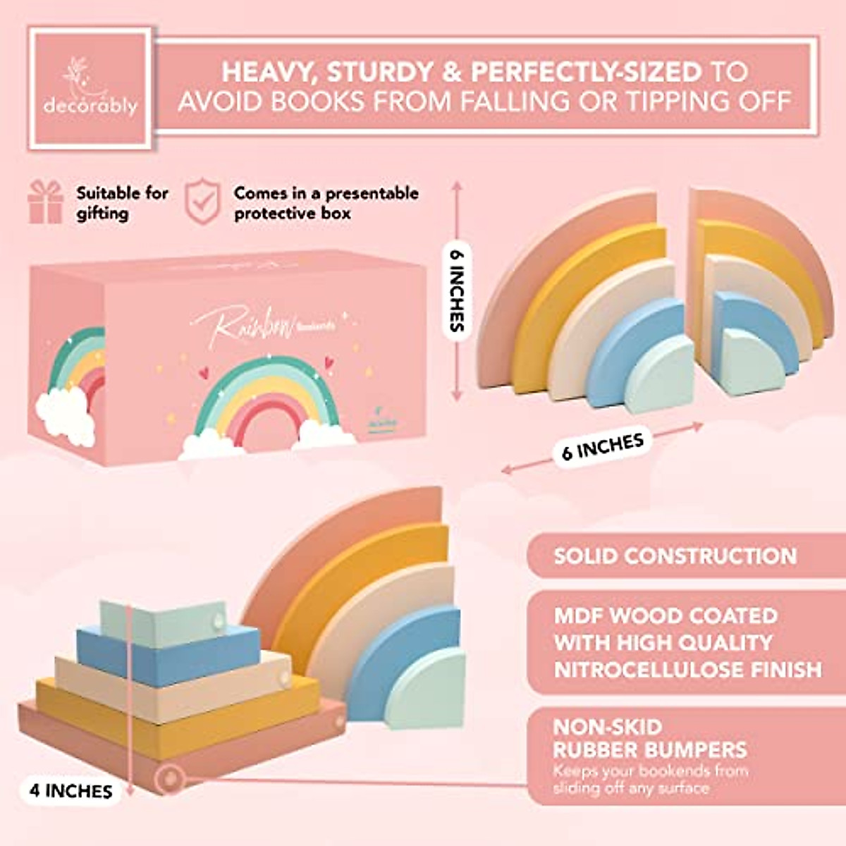 Decorably Rainbow Bookends for Kids, Book Ends Kids, Book Ends for Kids Rooms, Kids Book Ends to Hold Books Kids, Nursery Bookends Teacher, Kids Bookends for Shelves, Baby Bookends for Kids Room