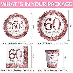 Xigejob 60th Birthday Decorations Women Tableware, Rose Gold 60 And Fabulous Decorations Dinnerware, Plate, Cup, Napkin, Tablecloth, Cutlery, Happy Sixty 60-Year-Old Birthday Party Supplies, Serve 24