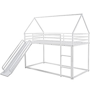 Tidyard Twin Over Twin House Bunk Bed with Ladder and Slide,White for Bedroom Dorm Guest Room Home Furniture