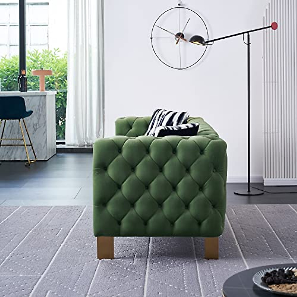 Melpomene Modern Button Tufted Velvet Sofa, Chesterfield Sofa with Square Arm,Gold Metal Legs and 2 Throw Pillows for Living Room(Mint Green)