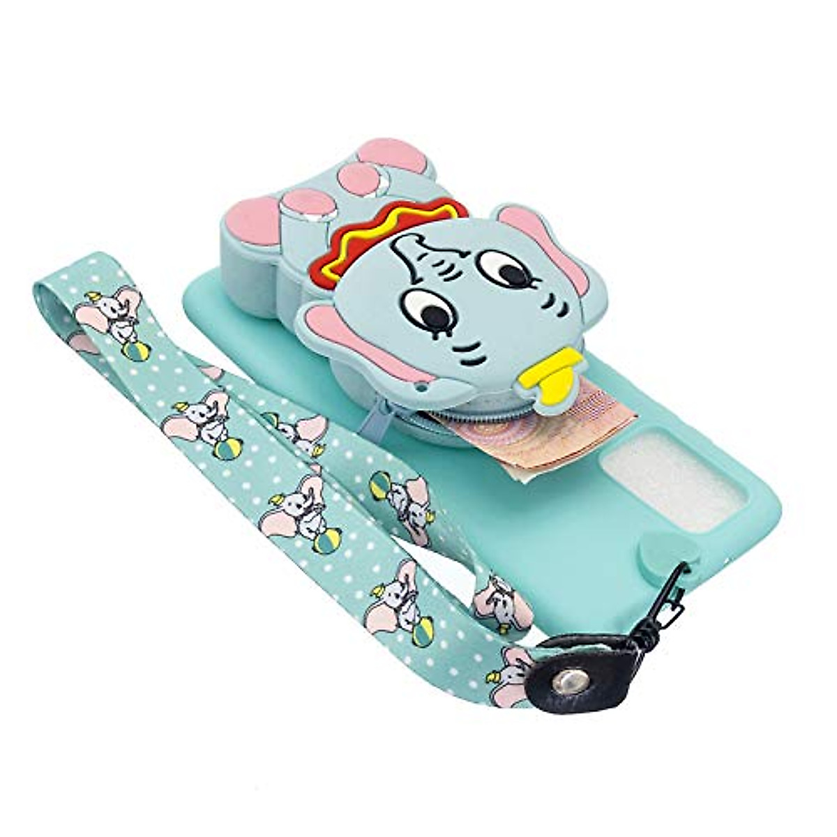 Yewos Coin Purse Case Case Compatible with Samsung Galaxy A12 5G Cute 3D Animals Elephant Cartoon Soft Light Blue Silicone Wallet Case with Wrist Strap,Cool Kawaii Funny Kids Teens Girls Cover