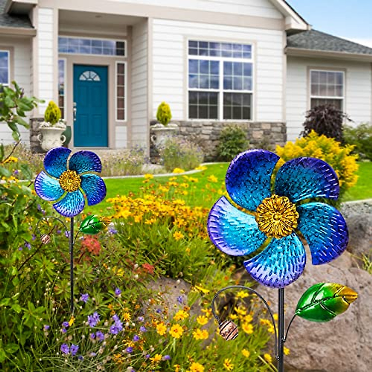 Viveta 2 Pack Wind Spinners with Metal Stake, 28.7 inches Outdoor Garden Pinwheels Spinners Blue Flower Shape Design for Yard Lawn Patio Decor