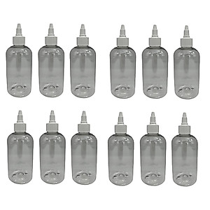 Natural Farms 4 oz Clear Boston Plastic Bottles -12 Pack Empty Bottle Refillable - BPA Free - Essential Oils - Aromatherapy | White Twist Top Caps - Made in the USA