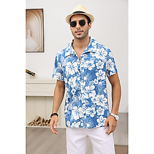 Men's Novelty Hawaiian Floral Shirt Summer Casual Button Down Tropical Holiday Beach Shirts Blue