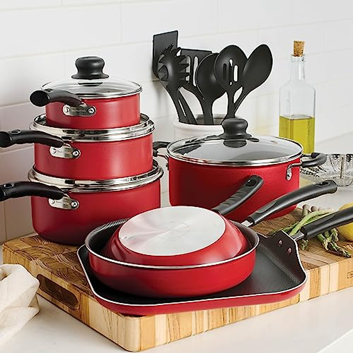 LEGENDARY-YES 18 Piece Nonstick Pots & Pans Cookware Set Kitchen Kitchenware Cooking NEW (RED)