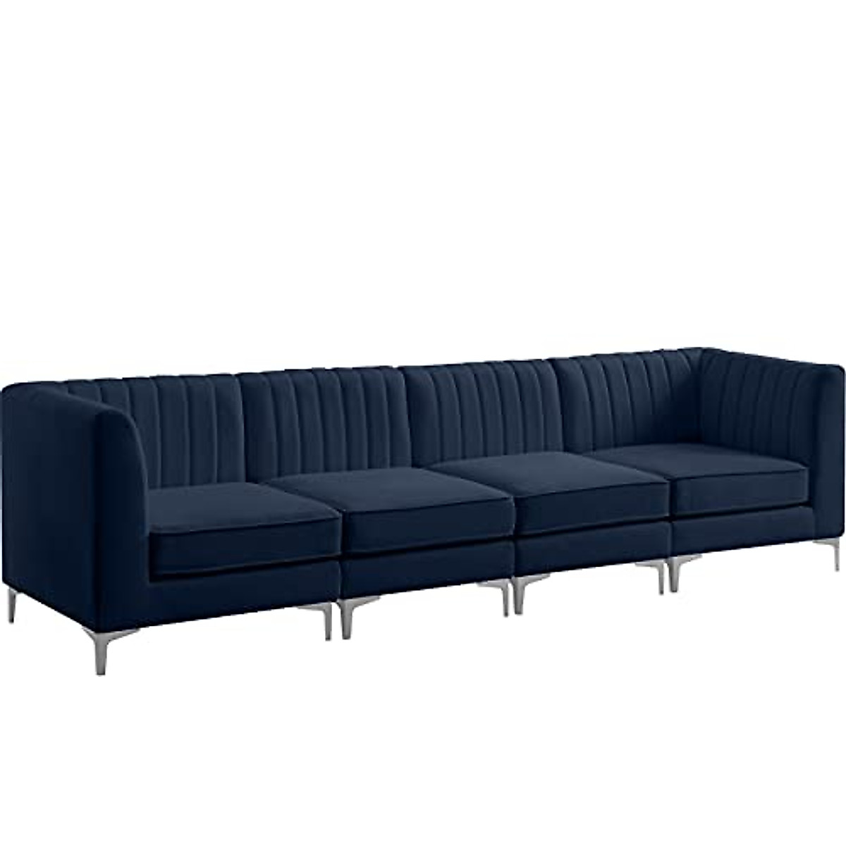Meridian Furniture Alina Collection Velvet Upholstered Modular Sofa with Deep Channel Tufting, 119" Wide, Navy