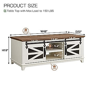 OKD 48'' Coffee Table with Storage & Sliding Barn Doors, Farmhouse & Industrial Cocktail Table w/Adjustable Shelves, Modern Rectangular Rustic Living Room Table for Meeting Room, Antique White