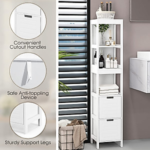 LOKO Tall Bathroom Storage Cabinet, Wooden Slim Bathroom Cabinet with Anti-toppling Device, Tall Narrow Storage Cabinet with 2 Removable Drawers, White
