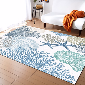Debedcor Blue Coral Area Rug for Living Room, Coastal Ocean Nautical Rectangular Indoor Carpet - 2' x 3', Summer Starfish Shells Marine Themed Non-Skid Bathroom Mat Kitchen Runner Rugs for Bedroom