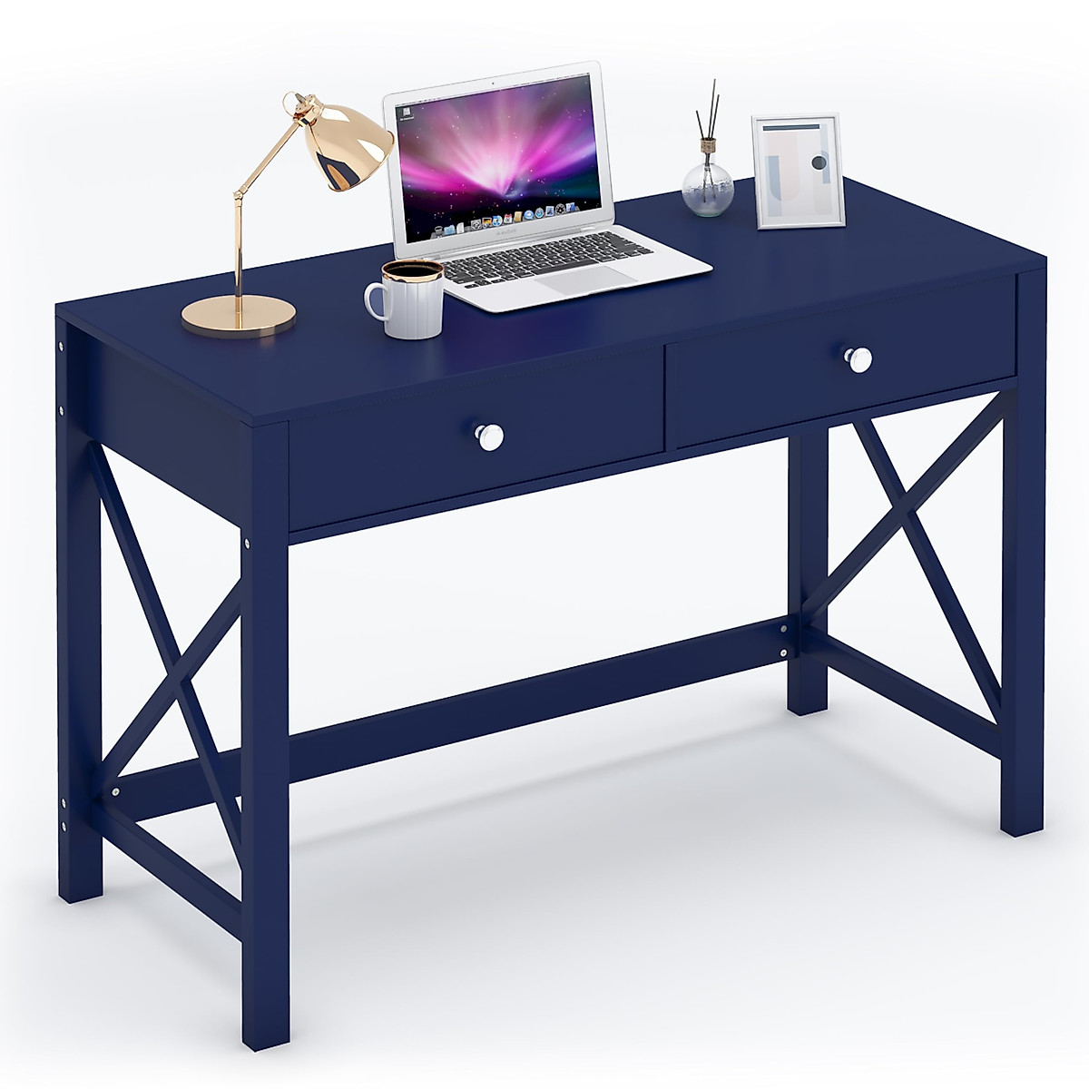 WiberWi Home Office Desk with Drawers, Modern Writing Computer Desk for Bedroom, Small Navy Makeup Vanity Table Desk for Girls, Study Table for Home Office