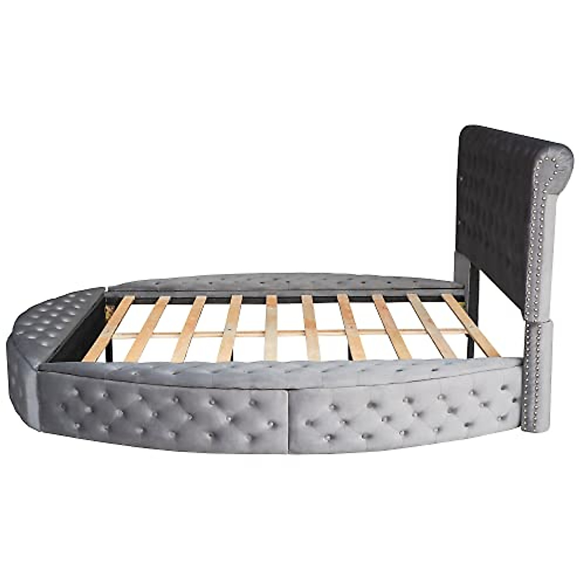Queen Size Round Bed Frame with Storage Ottoman, Upholstered Low Storage Bed Frame, Velvet Tufted Queen Platform Bed with Headboard, Grey