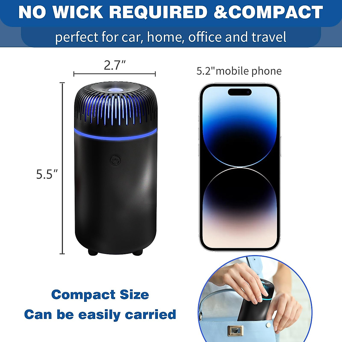 Generic Car Diffuser Humidifier Aromatherapy Essential Oil Diffuser USB Mist Mini Portable Diffuser for Car Home Office Bedroom, 100ML, Black