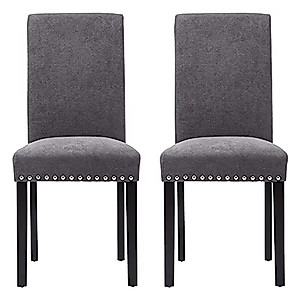 thksbought Set of 2 Dining Chairs Medieval Retro Leisure Fabric Cushioned Pine Chair Legs with Nail Head Decoration(Gray)