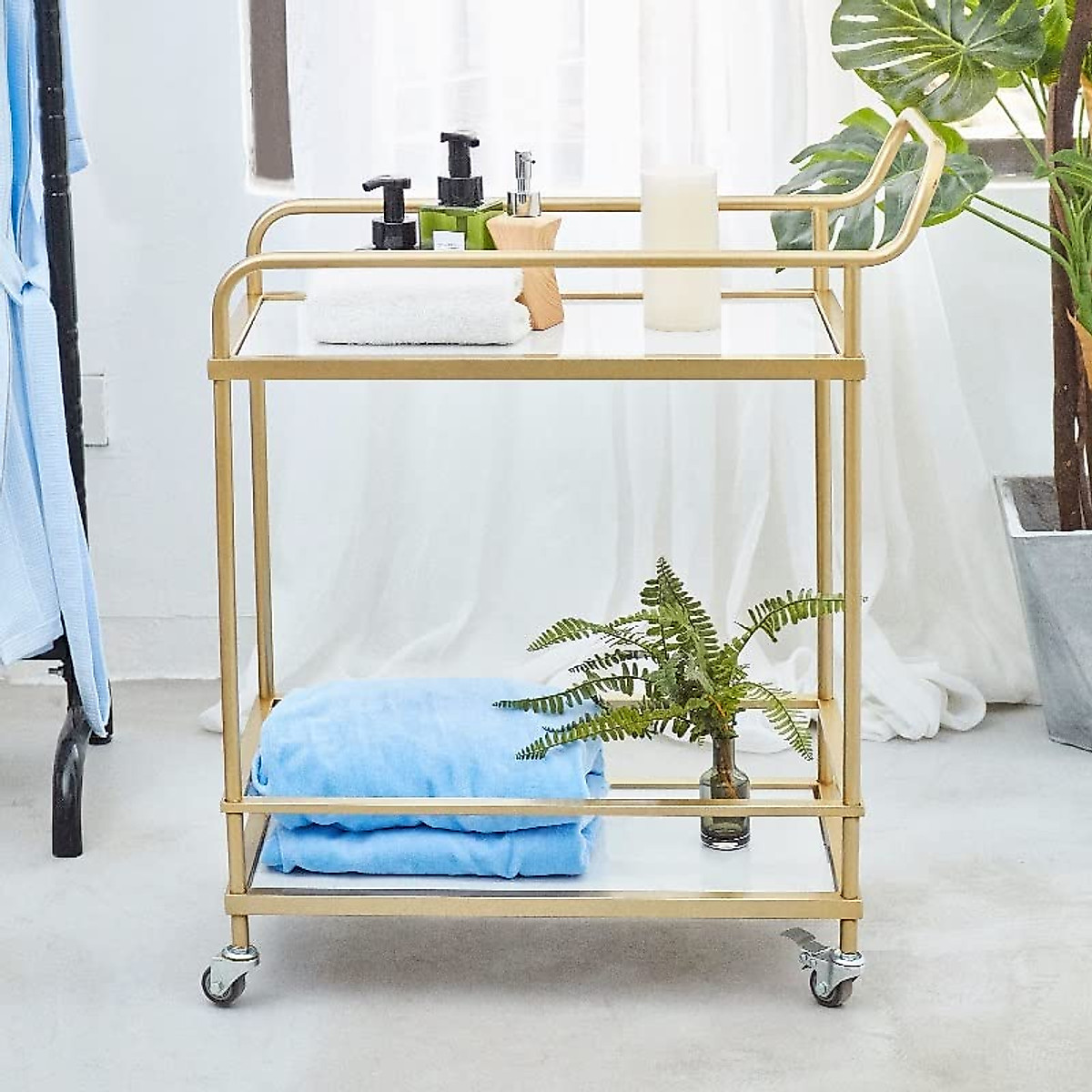 FLYIFE Movable Hand Trucks Dining Cart Hotel Shower Room Cart Restaurant Drink Cart Tea Cart Showroom Living Room Home Mobile Car/Marble Panel/69X35X82Cm