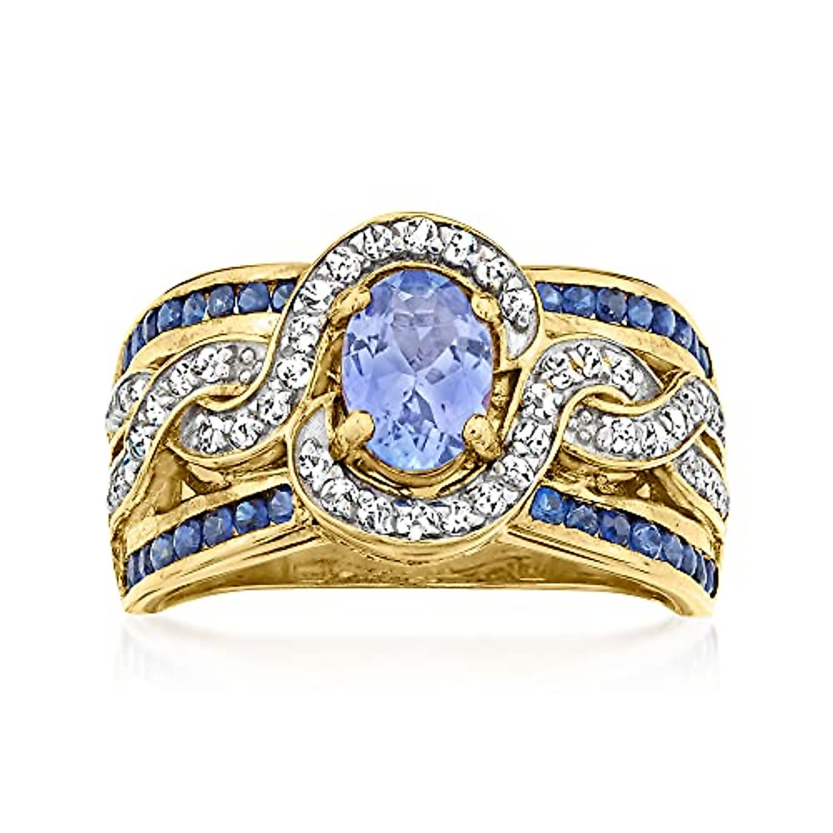 Ross-Simons 0.80 Carat Tanzanite and .60 ct. t.w. Sapphire Ring With .30 ct. t.w. White Zircon in 18kt Gold Over Sterling. Size 7