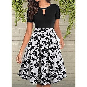 YATHON Women's Vintage Floral Flared A-Line Swing Casual Party Dresses with Pockets (S, YT018-Black White Flo)