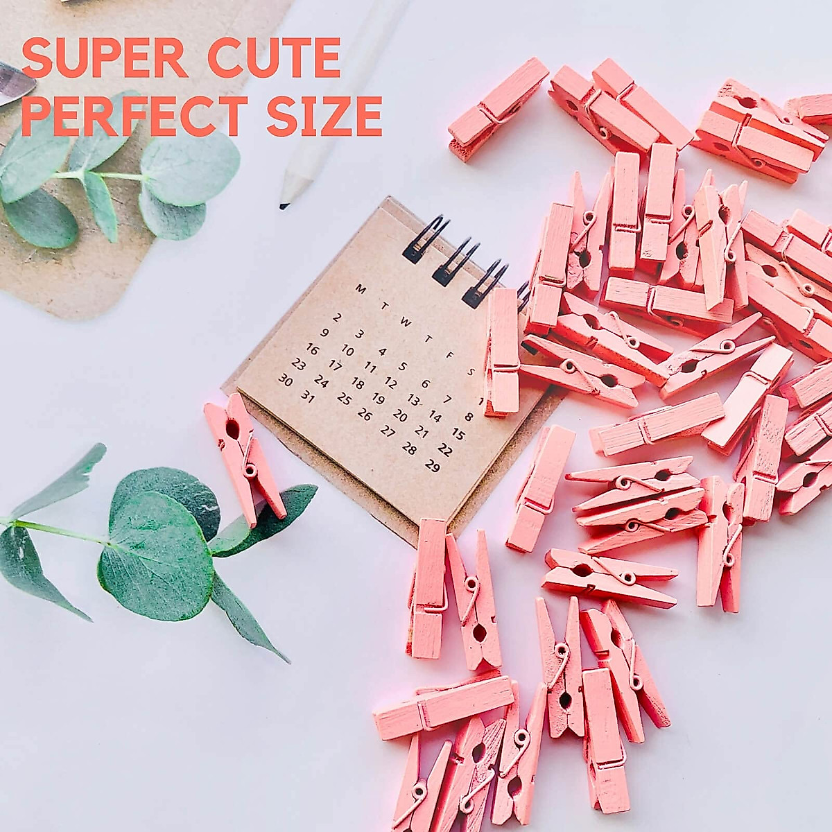 Clothes Pins Mini Clothespins Pink - 100 PCS Wooden Small Clothespins for Pictures with Jute Twine Tiny Photo Paper Clip, Ideal for Baby Shower, Crafts, Chip Clips, Home Office Decoration