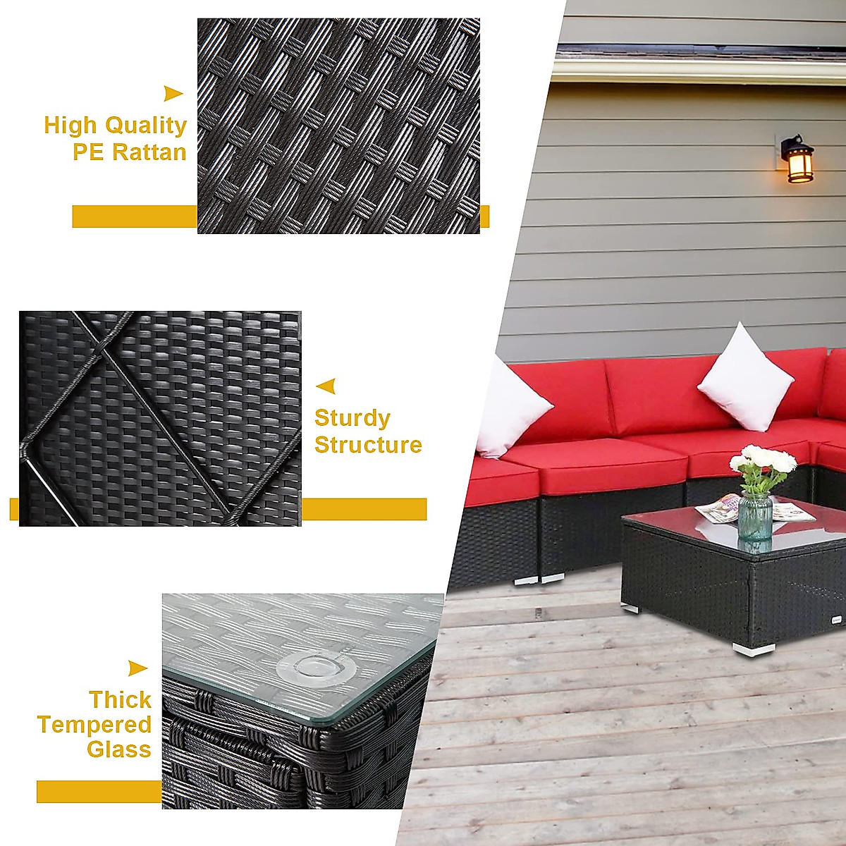 Kinfant Outdoor Patio Furniture Sofa - 7 PCs PE Black Wicker Sectional Sofa Sets with Glass Table and Cushions for Backyard, Pool (Red)