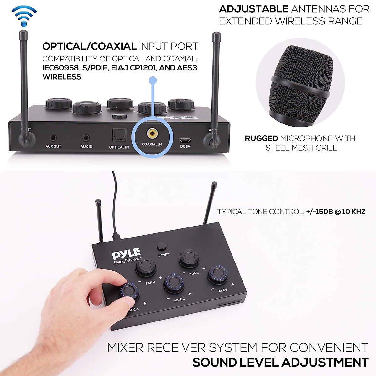Wireless Karaoke Microphone Mixer System - 8-Channel Optical/Coaxial Input Mixer w/Digital UHF Wireless Mics, 3.5mm Input/Output, Works w/Home Theater, Receiver, Amplifier, Speaker - Pyle PDWMKHRD23