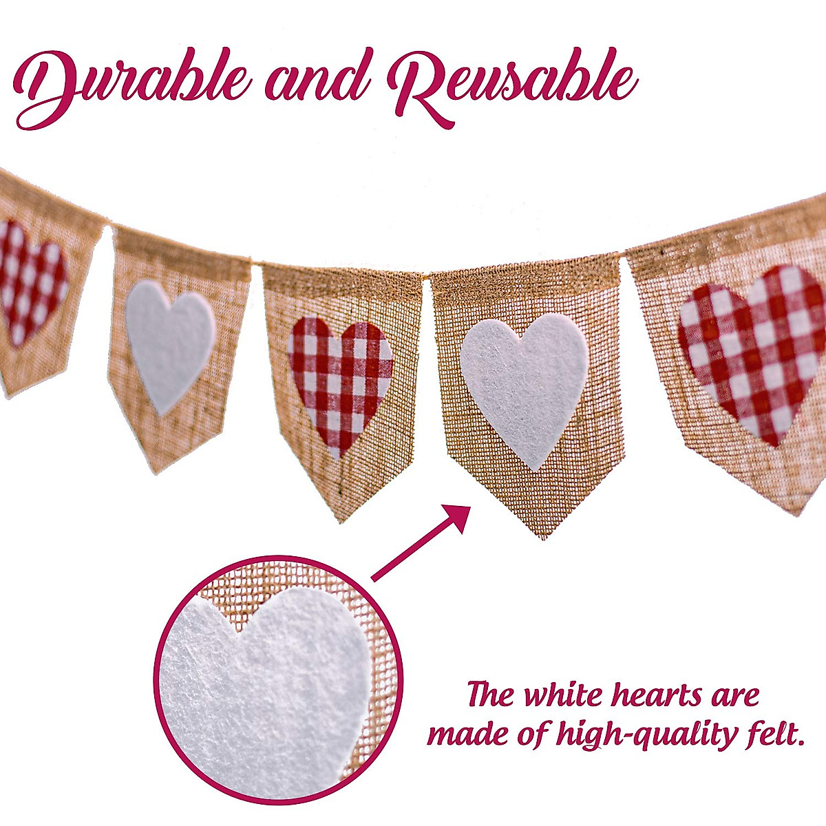Adurself Heart Burlap Banner Valentine Garland Wedding Engagement Party Vintage Rustic Burlap Buffalo Plaid Red White Check Lace Banner for Valentine's Day Birthday Bridal Shower Anniversary