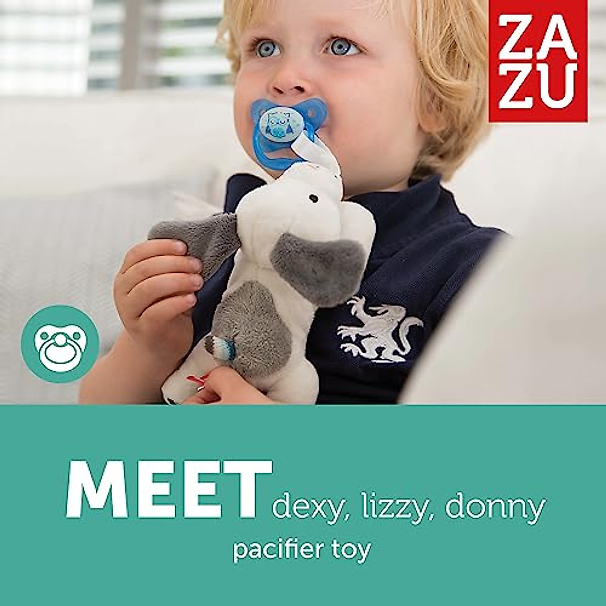 Plush Animal Pacifier Holder - Detachable Universal Paci Toy for Babies & Toddlers, Dexy The Dog White and Grey Stuffed Animal by ZazuKids