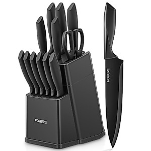 Knife Block Set, FOHERE 13 Pcs Self Sharpening Knife Set, High Carbon Stainless Steel BO Oxidation Knife Set with Anti-slip Handle, Dishwasher Safe, Matte Gray