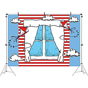 Cartoon Window Backdrops for Photography Kids Birthday Party Background 5x3ft Blue Red Kite Striped Kids Party Backdrop Boys Girls 1st Birthday Decorations Cake Table Banner Show Photo Booth Props