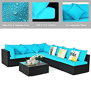 HAPPYGRILL 7-Pieces Patio Furniture Set Outdoor Rattan Wicker Sectional Sofa Set with Cushions & Pillows & Coffee Table for Garden Lawn