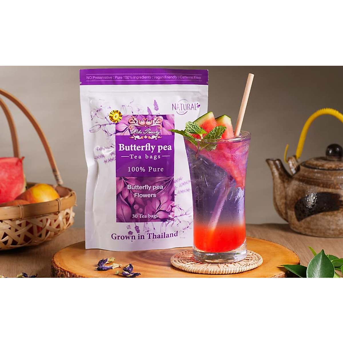 Hida Beauty Dried Butterfly pea flower tea 30 Tea bags Herbal Blue Natural Pure colors for drinks hot cool purple violet funness party food bakery pasta cocktail rice