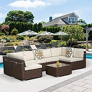 SUNVIVI OUTDOOR 7 Piece Patio Conversation Set Outdoor Furniture Set Brown Wicker Furniture Outdoor Sectional Rattan Sofa Couch for Backyard, Garden with 6 Clips, Coffee Table