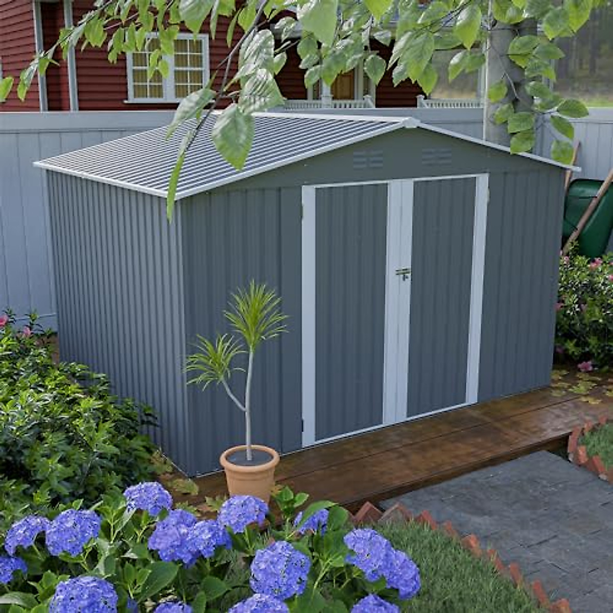 Goohome 10ftx8ft Storage Sheds, Metal Outside Garden Storage Shed w/Lockable Door, Roof Design Sheds & Outdoor Storage, Stable Spacious House Garden Utility Tool Storage Shed for Backyard, Bike Shed