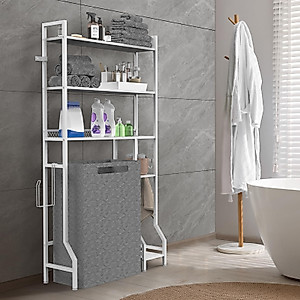 NOVIMANGO Over The Toilet Organizer White, Bathroom Space Saver Over Toilet, 5-Tier Bathroom Over Toilet Storage, Above Toilet Stand with 4 Hooks for Restroom, Laundry