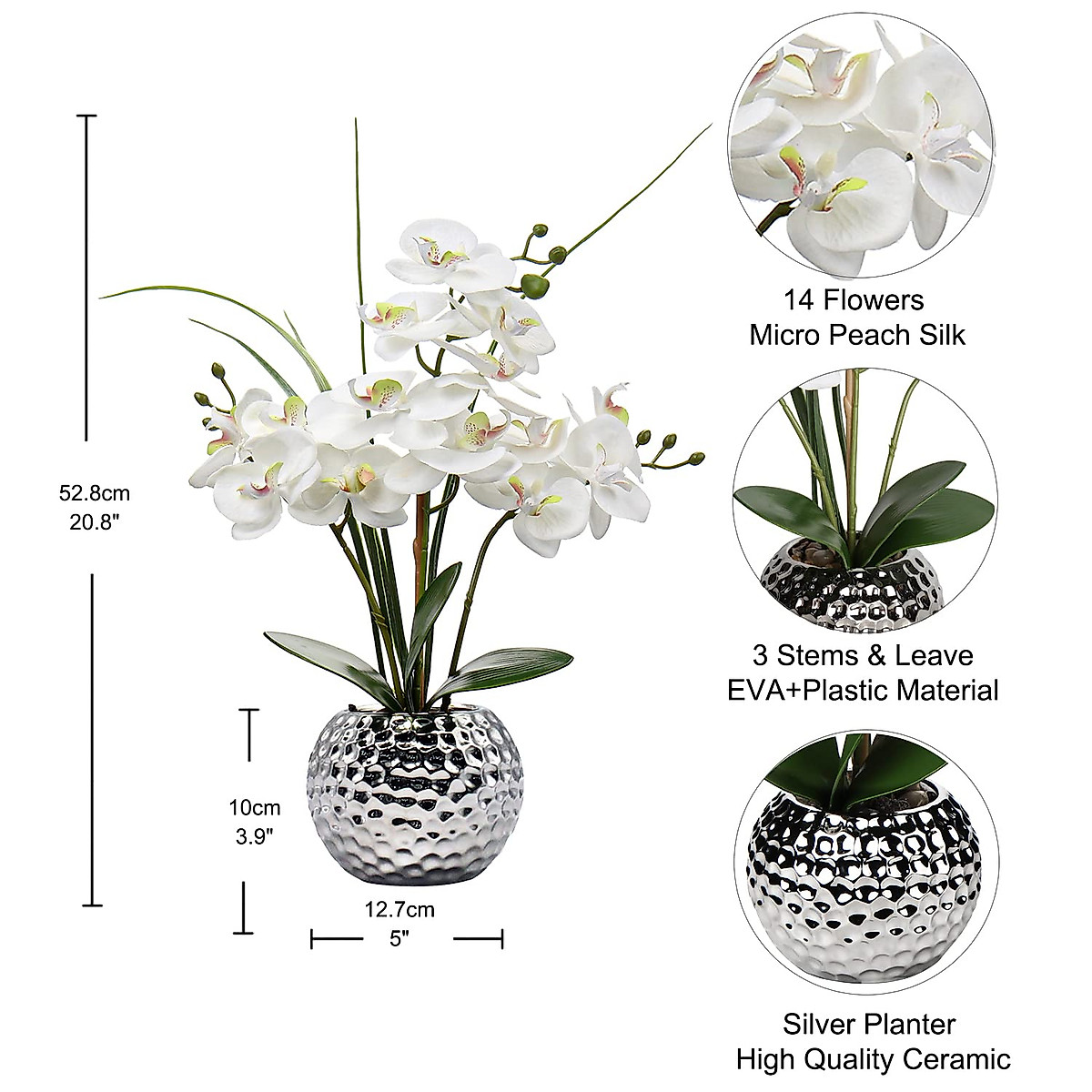 Orchids Artificial Flowers 20.8'' Faux Orchid Flower Arrangement Fake Orchid White Flower with Silver Ceramic Vase Phalaenopsis Orchid for Home Office Bathroom Table Centerpieces Decor, Briful