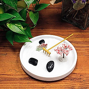 Nature's Mark Mini Zen Garden Kit for Desk with Rake, White Sand, Lotus Figures, White Round Base, Black River Rocks and Mini Blossom Tree (8Lx8W Round B)