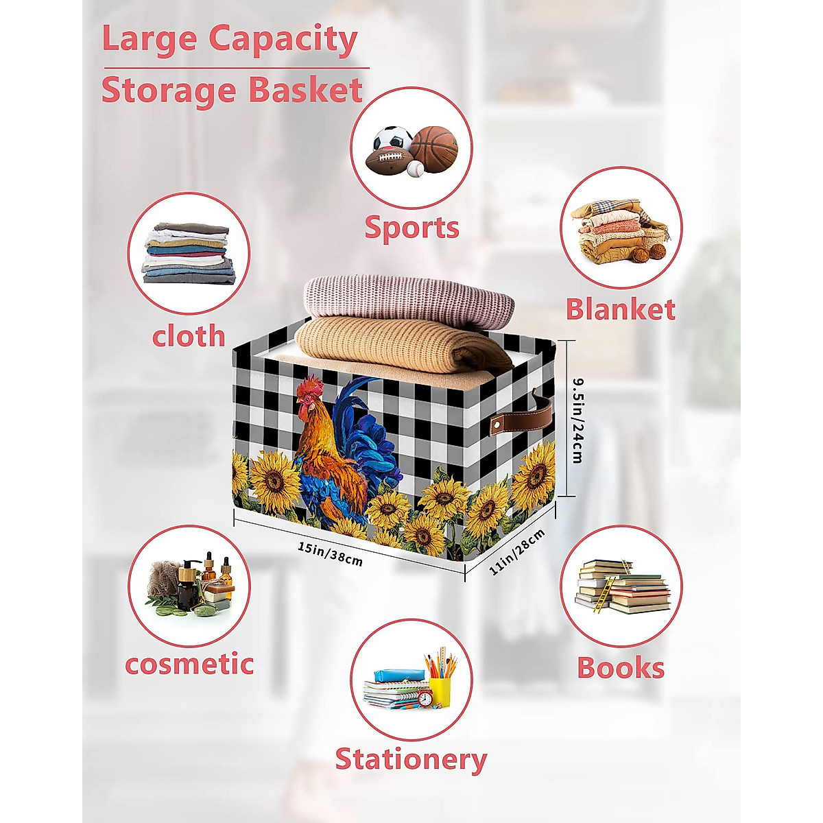 Storage Bins, Farm Rooster Sunflower Black and White Buffalo Plaid Storage Baskets for Organizing Closet Shelves Clothes Decorative Fabric Baskets Large Storage Cubes with Handles