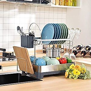 TOOLF Dish Drying Rack, 2-Tier Dish Rack with Large Capacity, Multifunctional Dish Drainer with Drainboard, Rustproof & Durable with 360° Drainboard Set with Cutting Board Rack, Tool-Free Installation